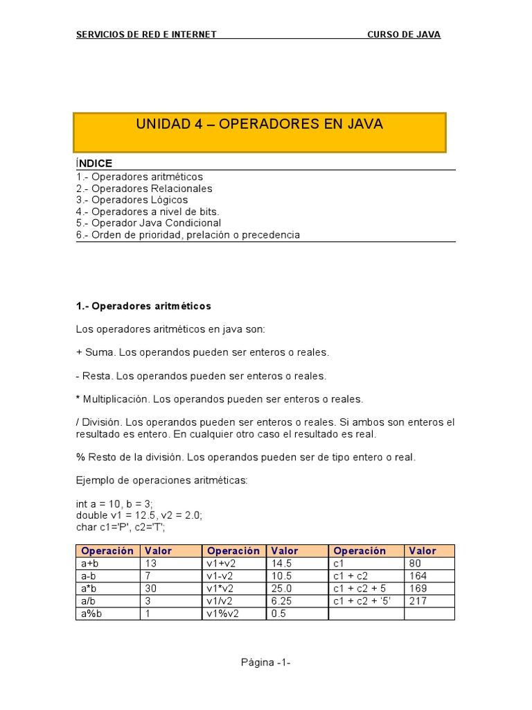 Unidad 4 - Operadores en JAVA | PDF | Java (lenguaje de programación ...