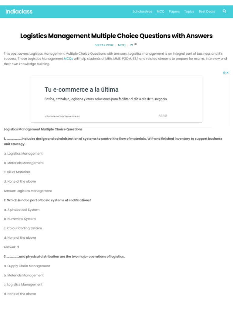 Logistics Management Multiple Choice Questions With Answers PDF ...