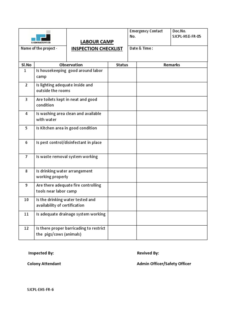 SJCPL-HSE-FR-05 Labour Camp Inspection Report | PDF