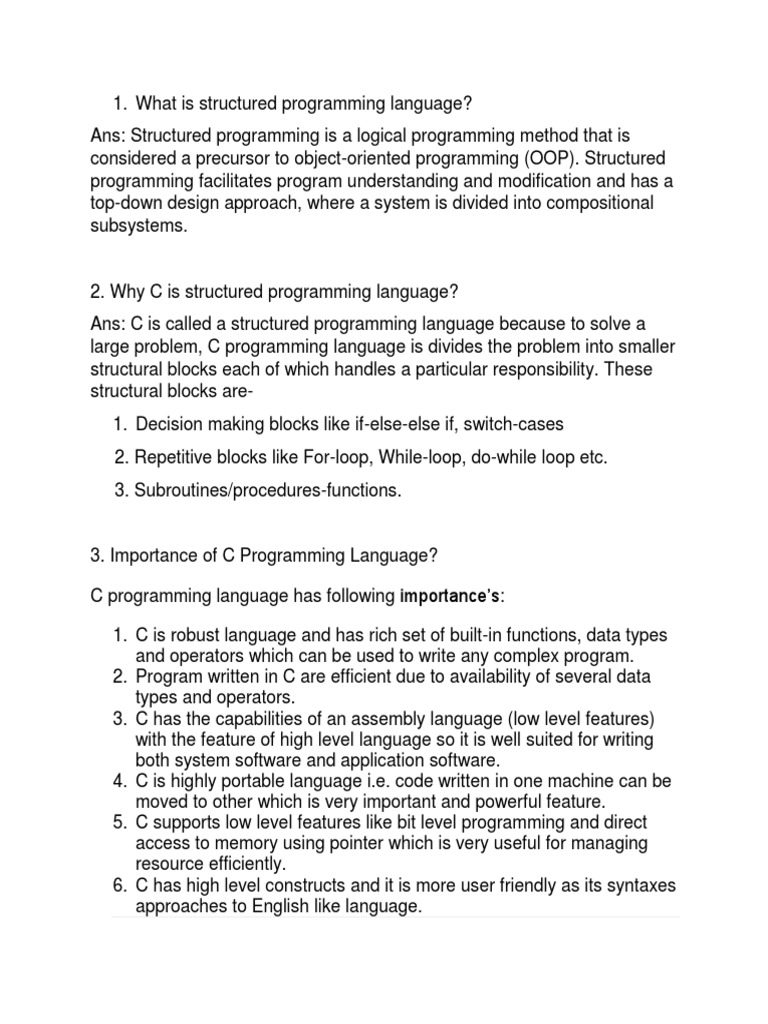 Structured Programming Language Question And Ans Pdf Computer Program Programming 5158
