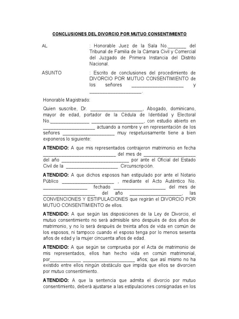 Conclusiones Del Div Por Mutuo Consentim Pdf Divorcio Virtud