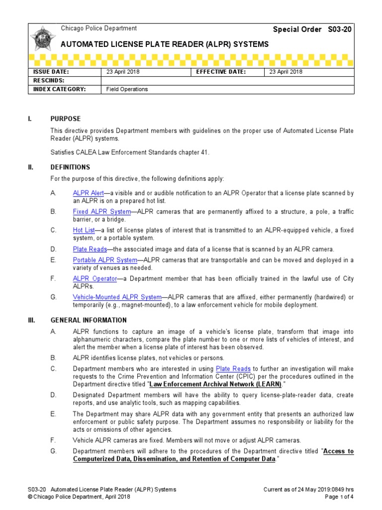 Chicago Police Department ALPR Directive (April 2018) | PDF | National ...
