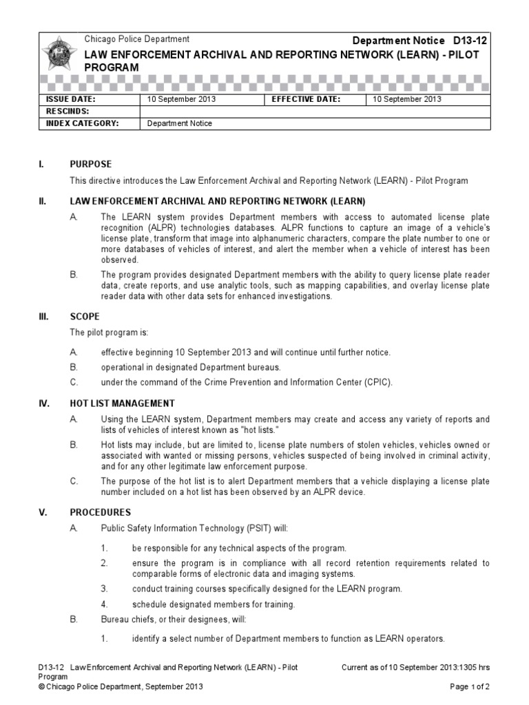 Chicago Police Department LEARN Directive (Pilot) (Sept. 2013) | PDF ...