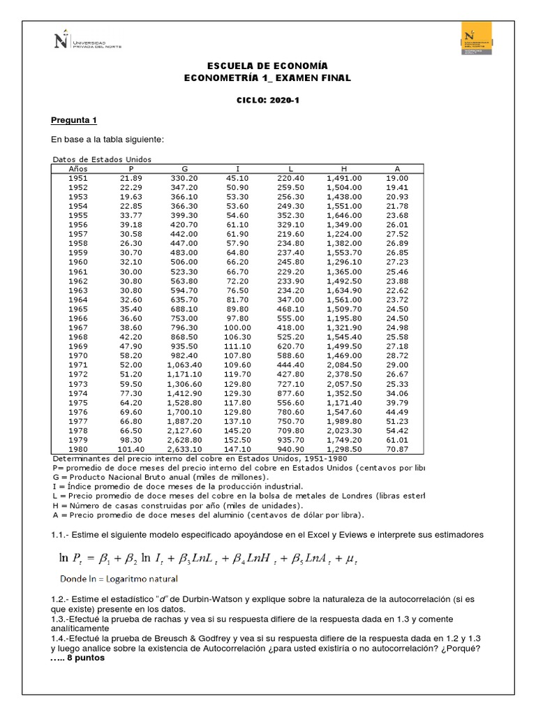 Examen Final - Econometria I - 2020 - 1 | PDF | Econometría | Macroeconómica