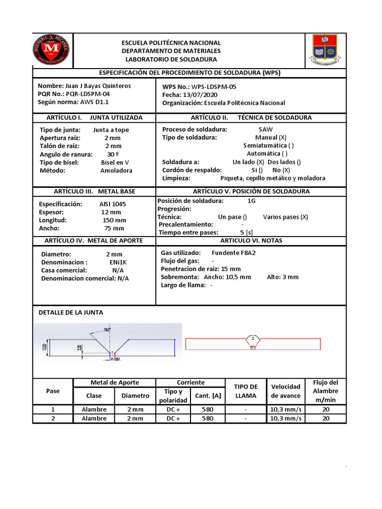 Ejemplo WPS SAW | PDF | Unión | Soldadura