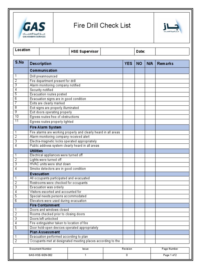 GAS-HSE-GEN-002 Rev 0 Fire Drill Checklist Record | PDF | Emergency ...