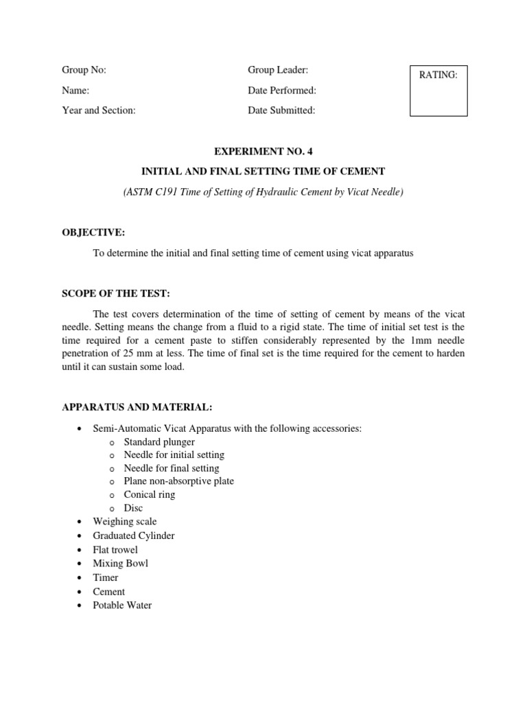 Experiment No. 4 Initial and Final Setting Time of Cement | PDF ...