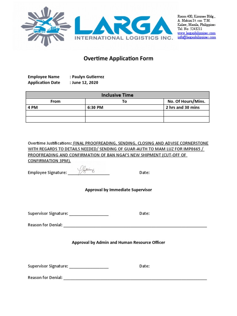Overtime Application Form | PDF