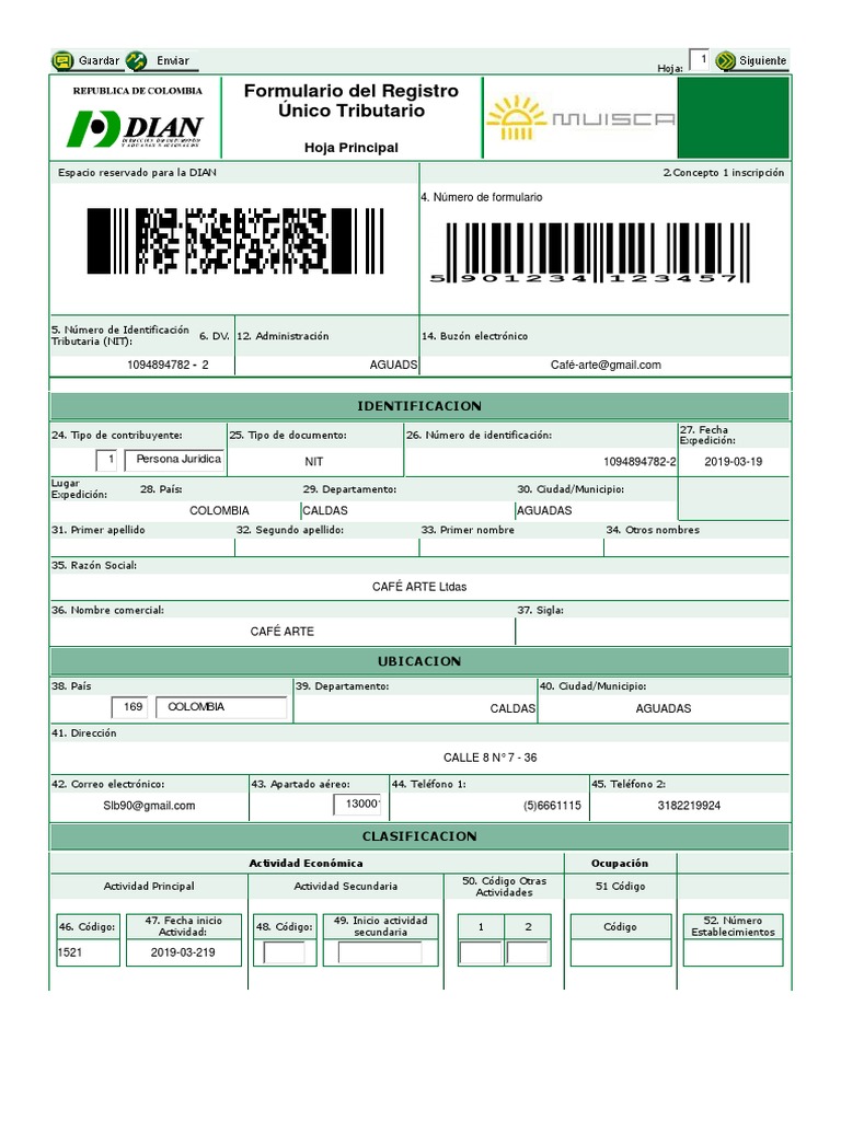 Formulario Del Registro Único Tributario: Hoja Principal | PDF