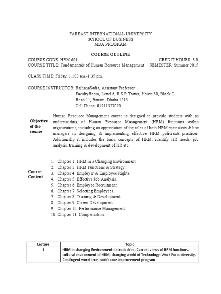 Course Outline: Topic 1 HRM in Changing Environment: Introduction ...