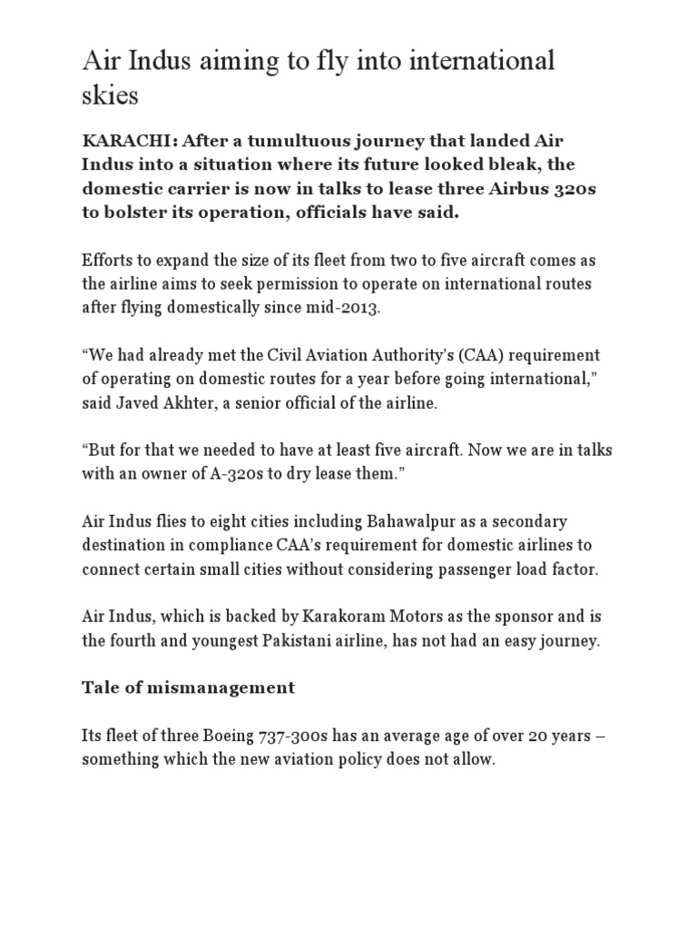 Air Indus Expands Fleet for Intl Routes | PDF | Airlines | Aviation