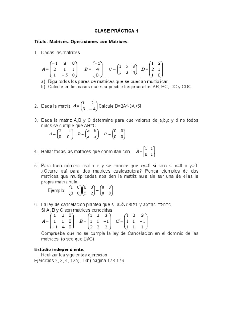 CLASE PRÁCTICA 1 - Matrices. Operaciones Con Matrices. | Descargar gratis PDF | Teoría de la ...