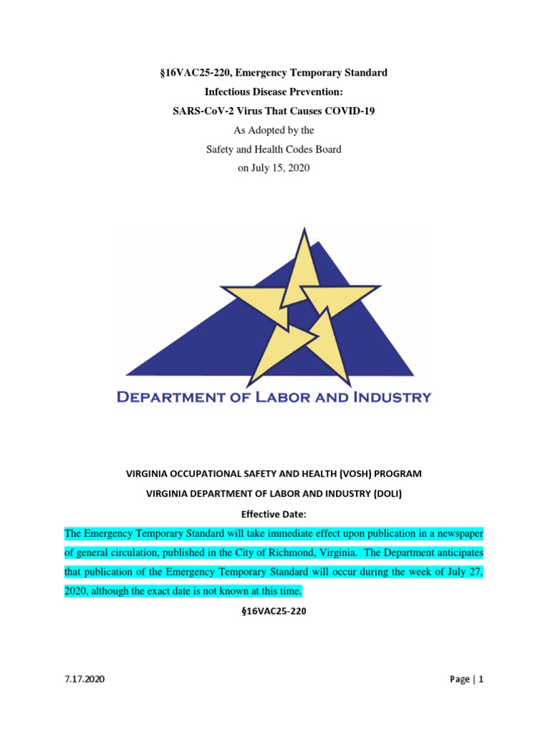 Covid-19 - Emergency Temporary Standard - For Public Distribution ...