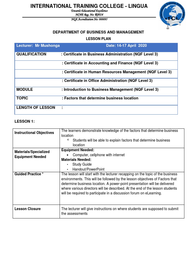Introduction To Business Management 2 Lesson Plan | PDF | Lesson Plan ...