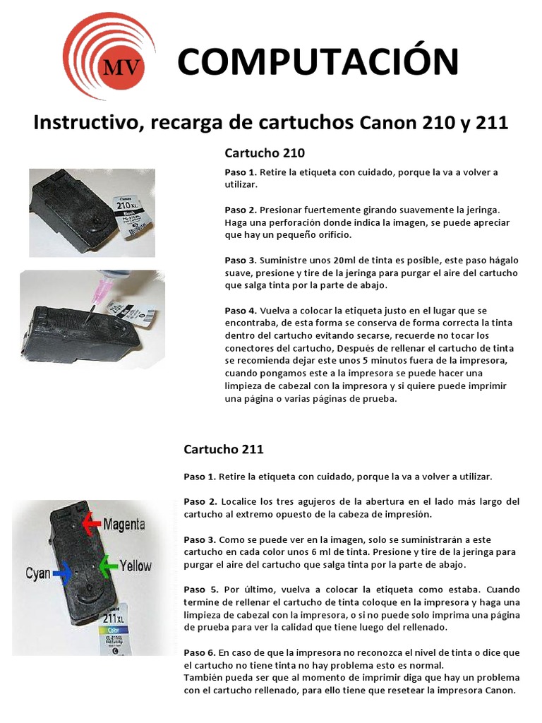 Instructivo, Recarga de Cartuchos Canon 210 y 211 | PDF | Impresora ...