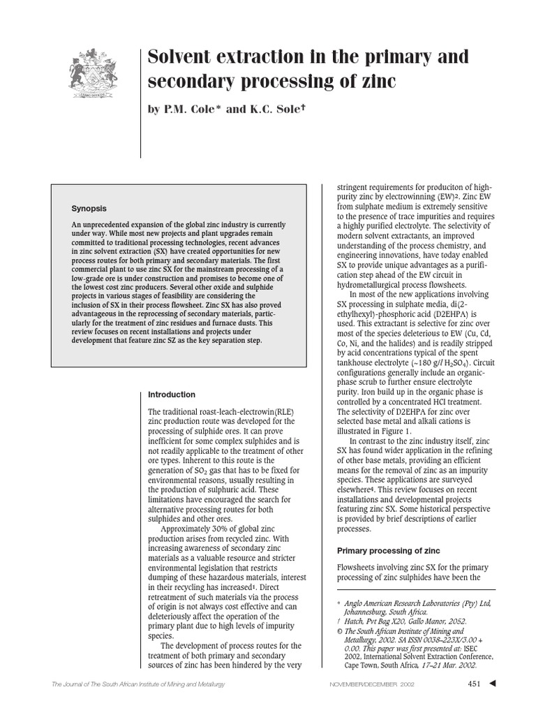 Solvent Extraction in The Primary and Secondary Processing of Zinc ...