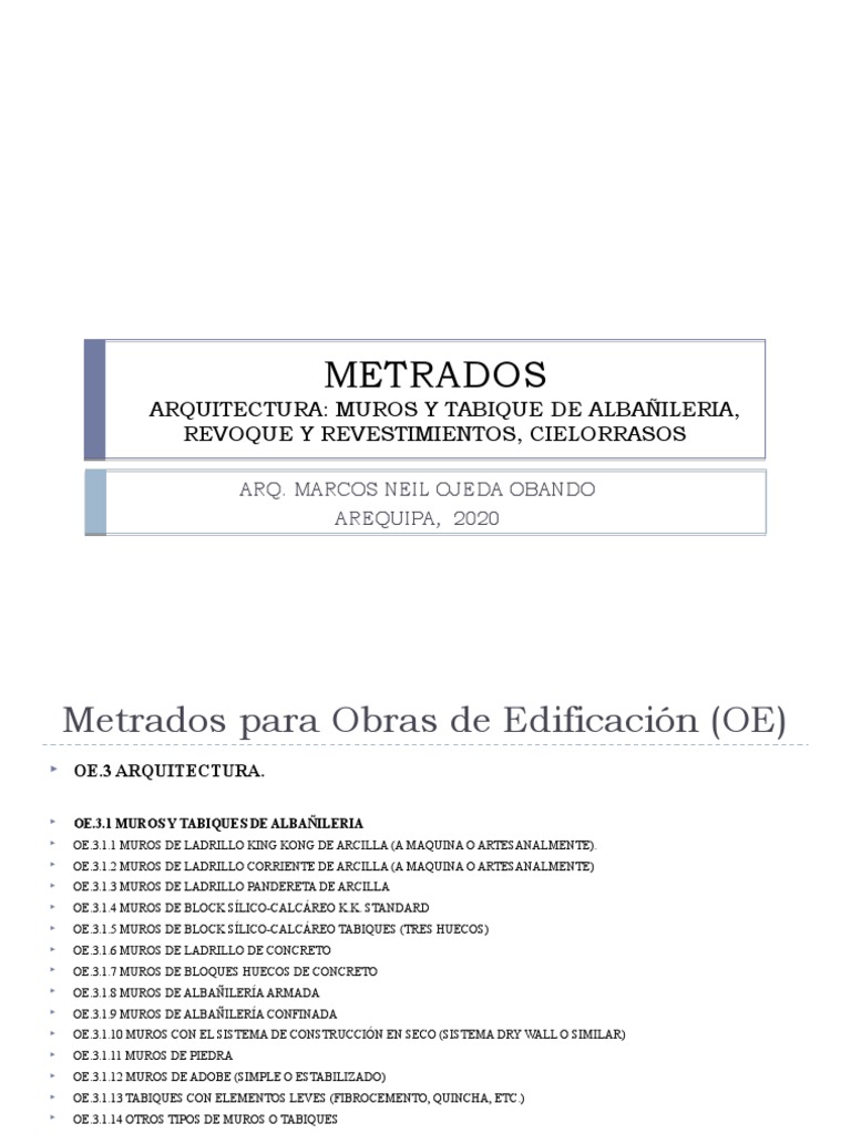 Metrados Arquitectura, Albañileria, Revoque y Enlucido | PDF | Albañilería | Ladrillo