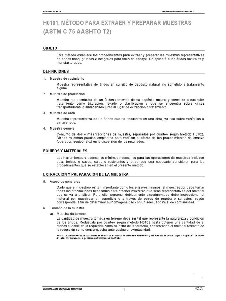 H0101. Método para Extraer Y Preparar Muestras (Astm C 75 Aashto T2 ...