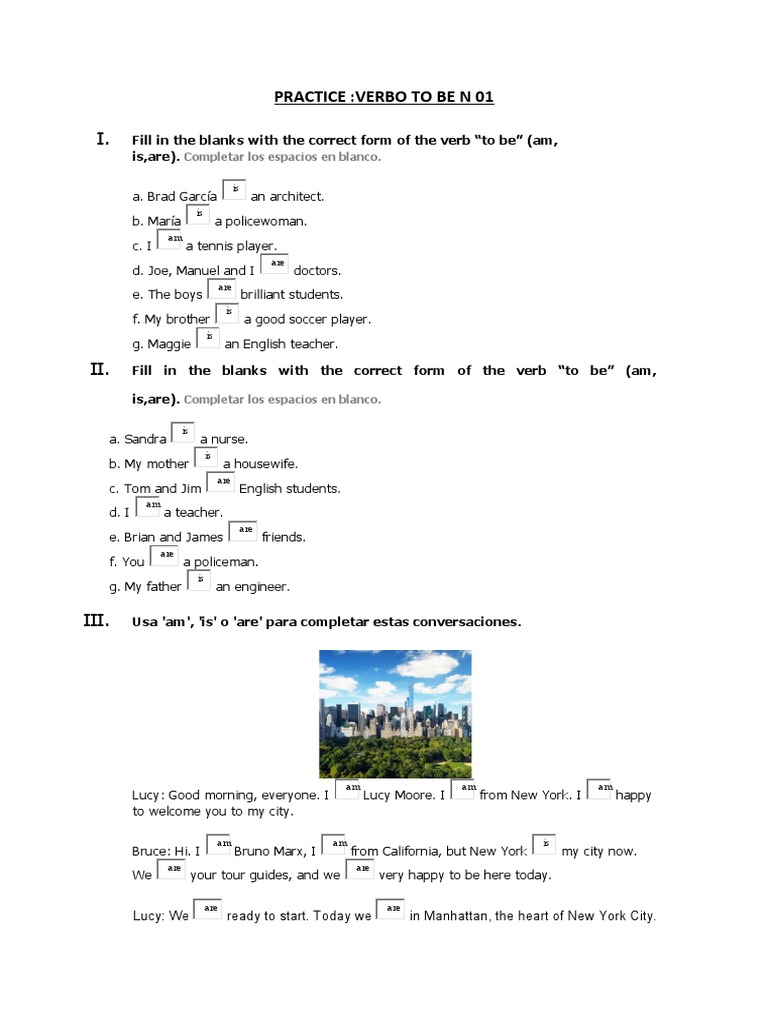 Practice Verb To Be in English: Filling in Blanks with Correct Forms of ...