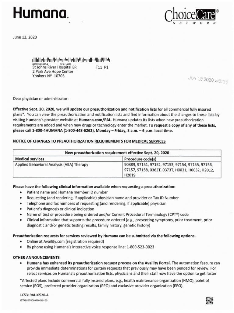 HUMANA - Notice of Changes To Preauthorization Requirements For Medical ...
