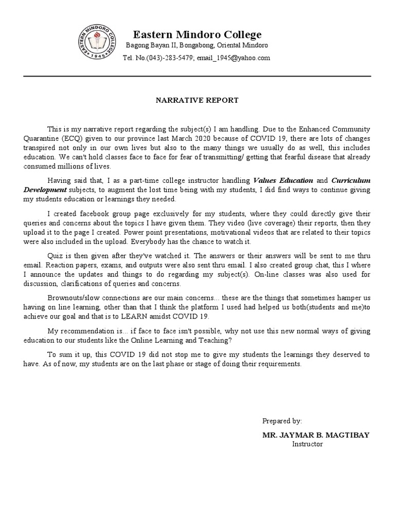 Eastern Mindoro College: Narrative Report | PDF | Pedagogy | Communication
