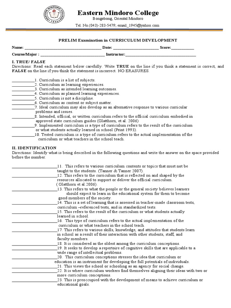 Eastern Mindoro College: Prelim Examination in Curriculum Development | PDF | Curriculum ...