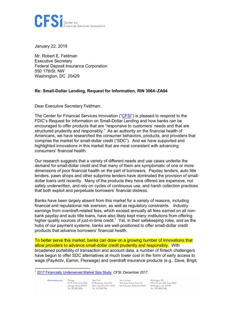 CFSI Response Letter FDIC RFI On Small Dollar Credit | PDF | Payday ...