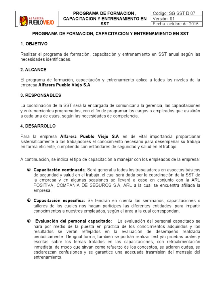 SG SST D 07 Programa de Capacitacion y Entrenamiento SST | PDF ...