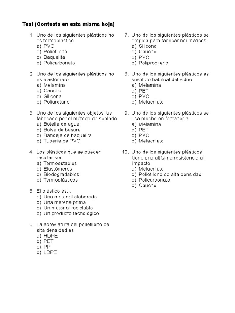 Test Plasticos | PDF