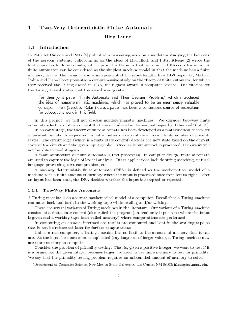 Two Way Deterministic Finite Automata Pdf Theory Of Computation Models Of Computation