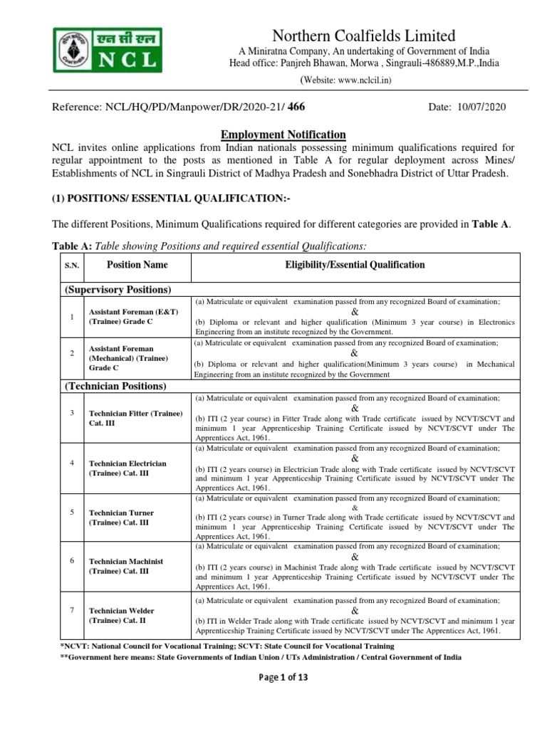 Notification NCL Asst Foreman Technician Online Form PDF | PDF ...