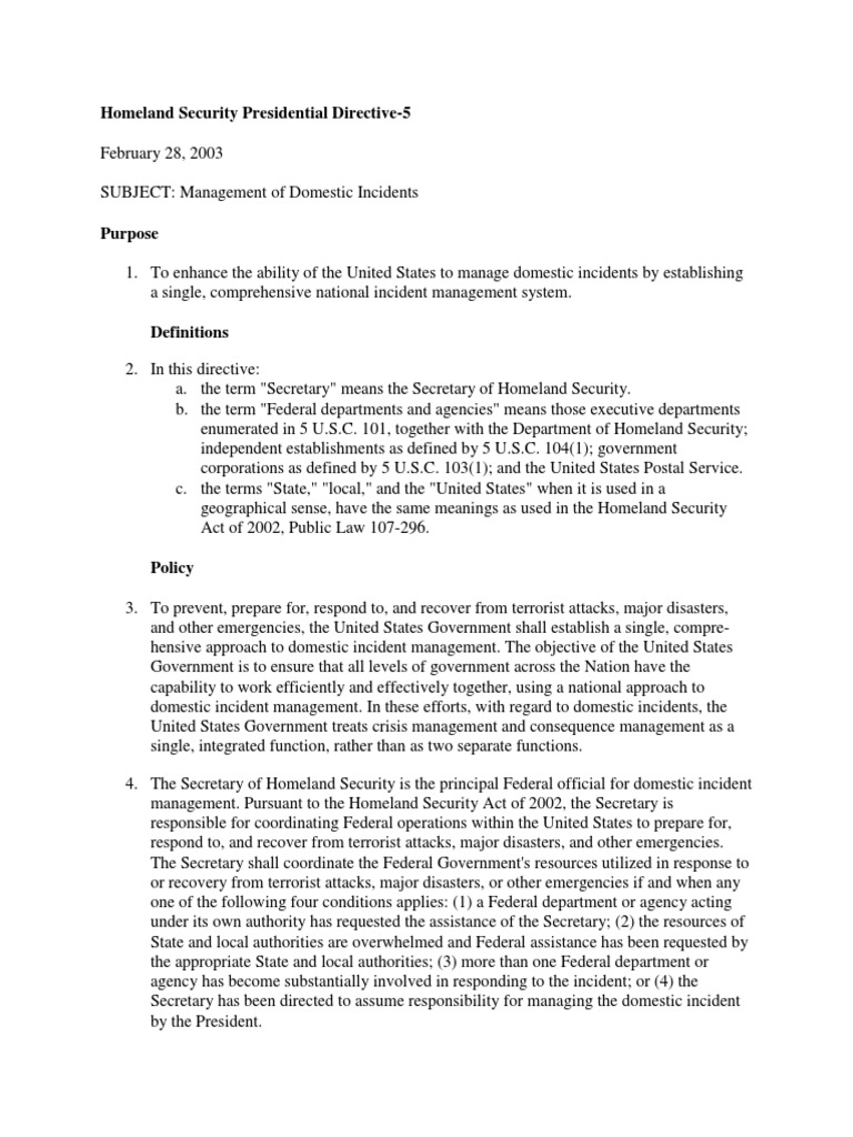 Homeland Security Presidential Directive-5 | PDF | United States ...