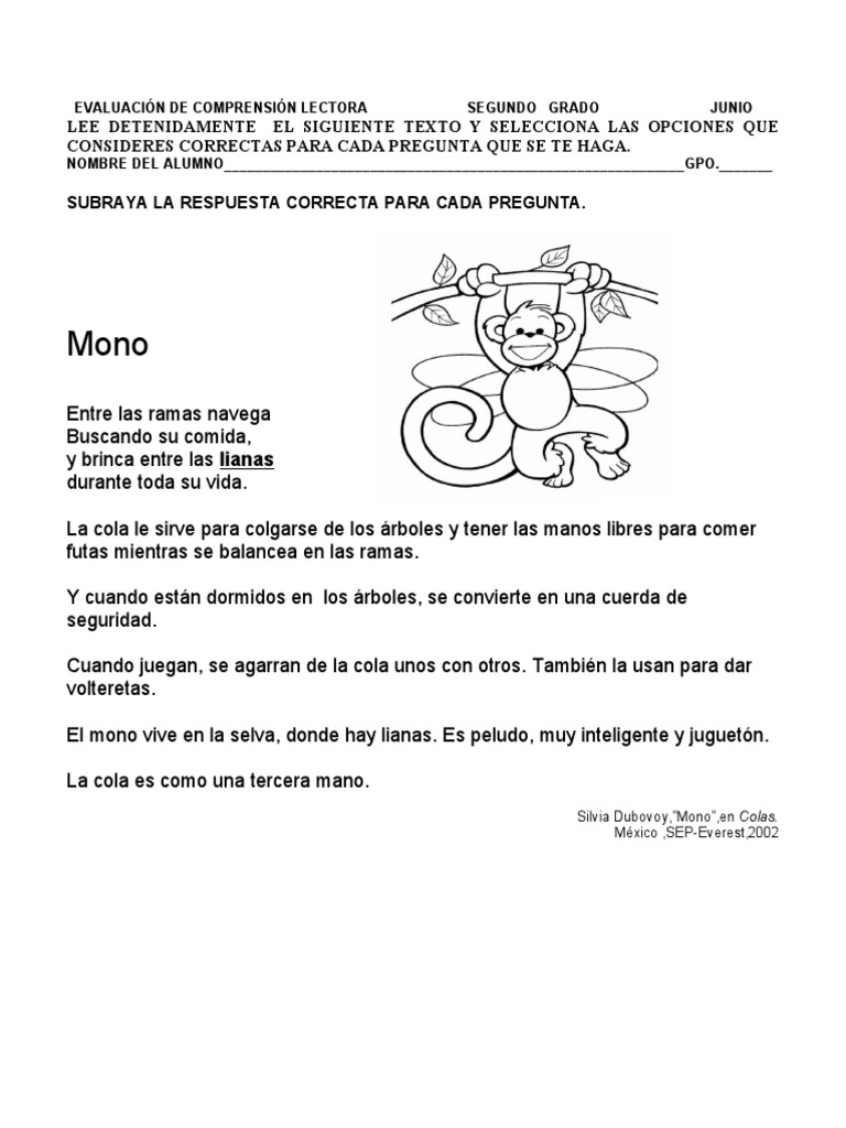Evaluación de Comprensión Lectora Segundo Grado Junio Mono | PDF