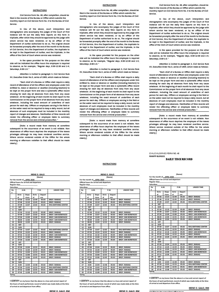 Daily Time Record: Civil Civil Service Form No. 48 | PDF | Justice ...