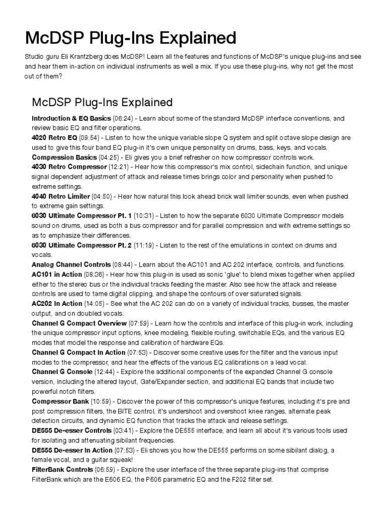 McDSP Plug-Ins Features & Functions Guide | PDF | Equalization (Audio ...