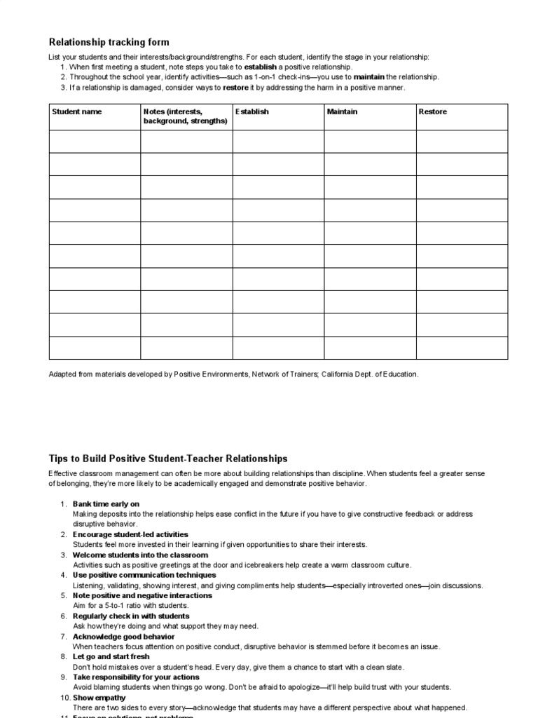 Relationship Tracking Form: Student Name Notes (Interests, Background ...