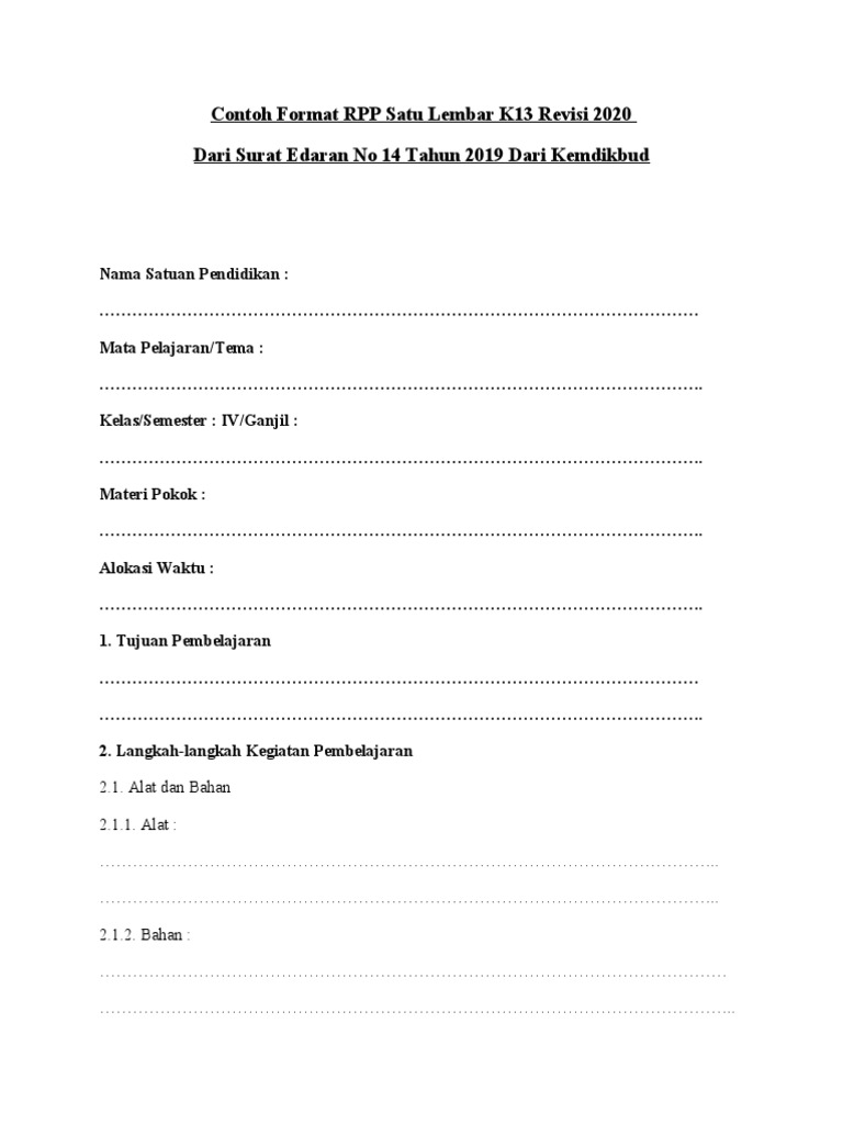 Format RPP Satu Lembar SD Revisi 2020 | PDF | Karier & Perkembangan