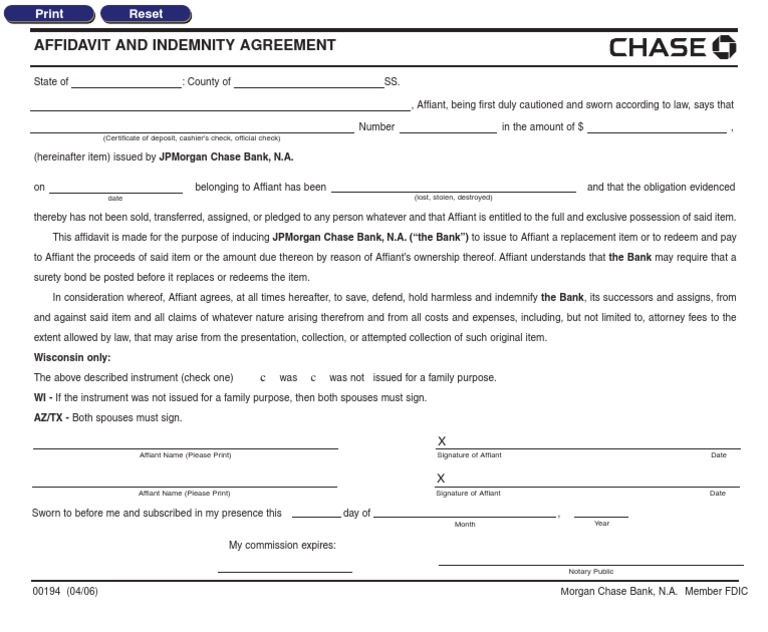 Chase Affidavit and Indemnity Agreement | PDF | Indemnity | Banking