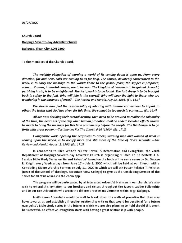 Church Board Letter | PDF | Seventh Day Adventist Church | Religious ...