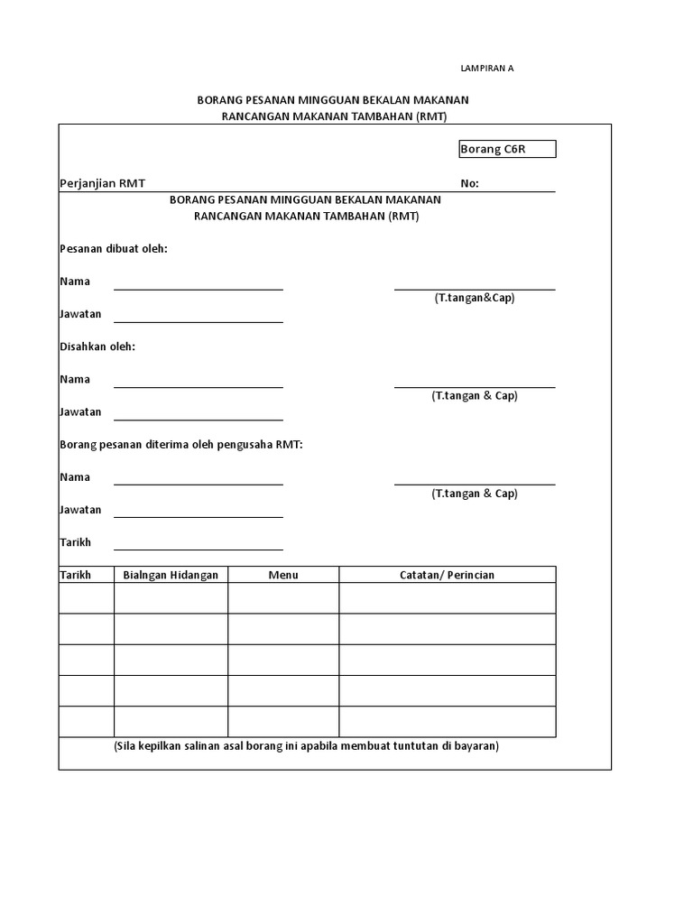 Borang Pesanan RMT Mingguan | PDF