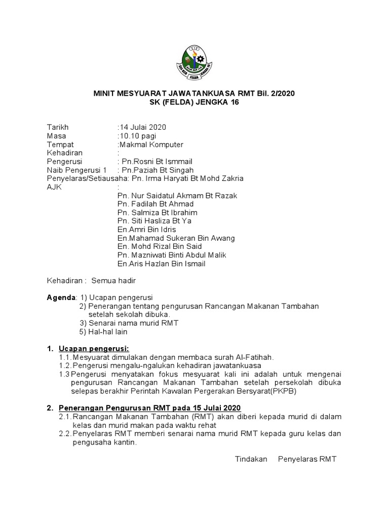Minit-Mesyuarat-RMT-2020 skj16 Kali k3 | PDF