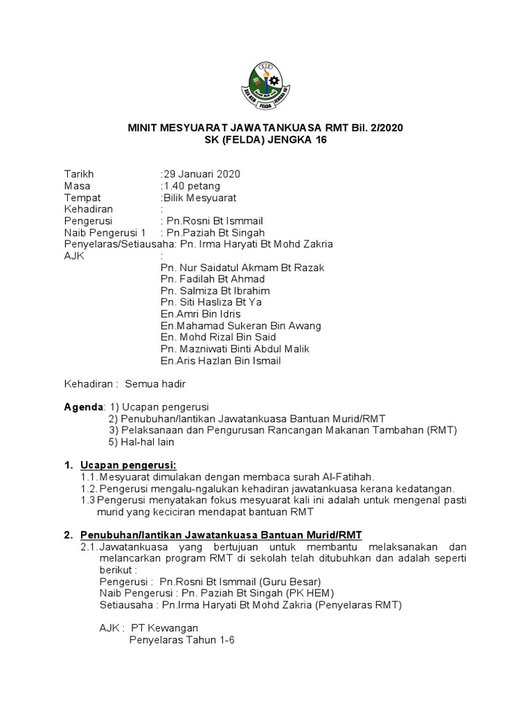 Minit-Mesyuarat-RMT-2020 skj16 | PDF