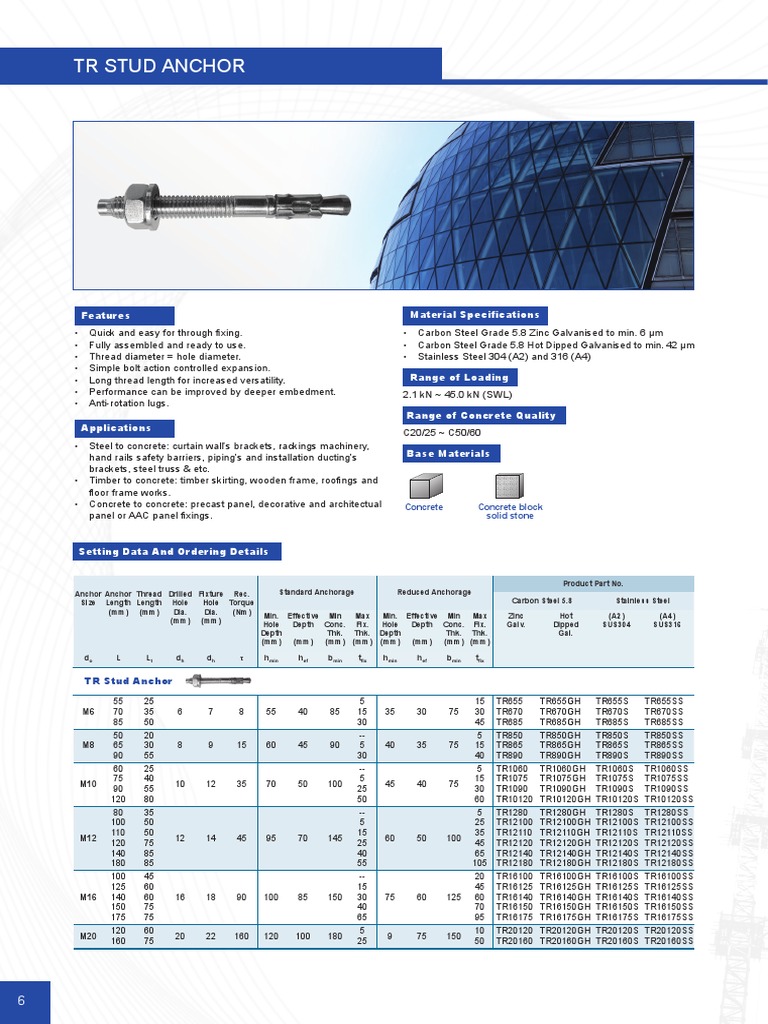 TR Stud Anchor: Features Material Specifications | PDF | Precast ...