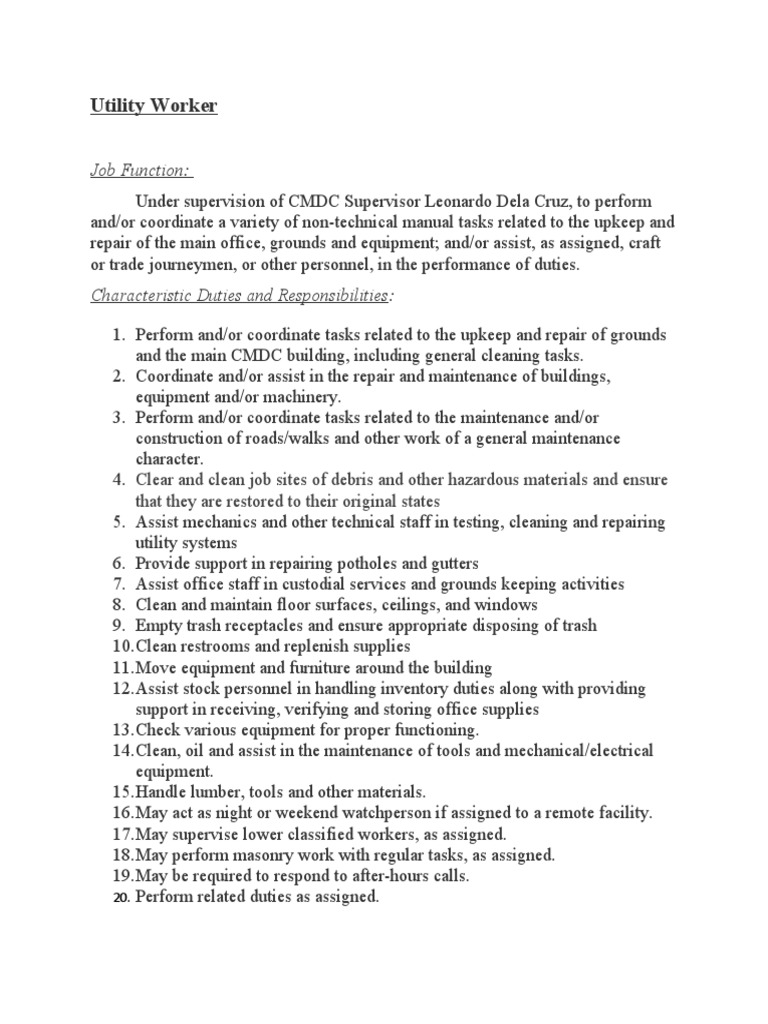 Utility Worker: Job Function | PDF