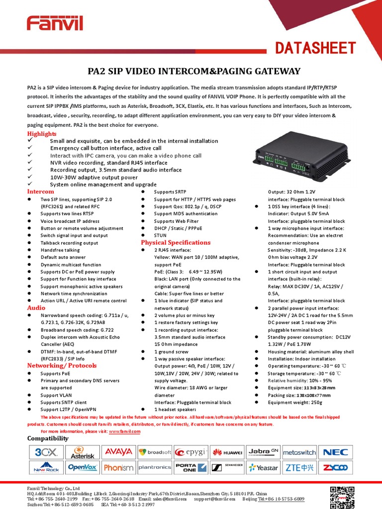 PA2 Paging Gateway-PA2 Datasheet PDF | PDF | Session Initiation Protocol | Media Technology
