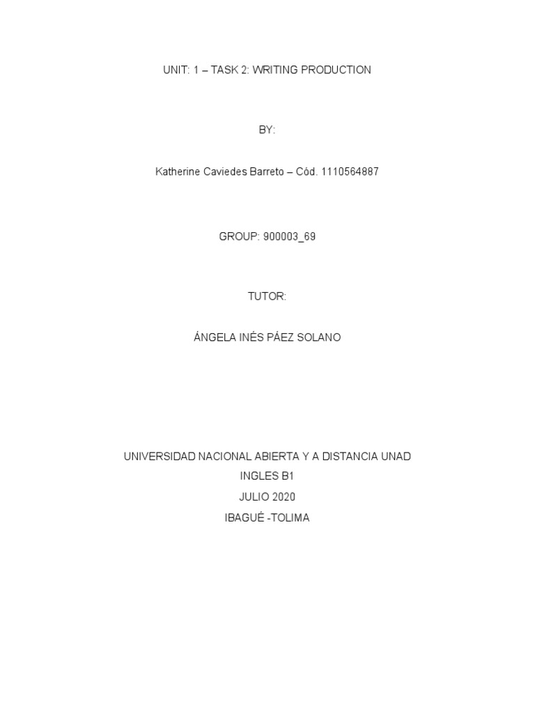 Unit: 1 - Task 2: Writing Production | PDF