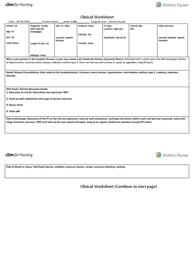 VSIM Clinical Worksheet 07.16.2020 | PDF | Stroke | Neurology