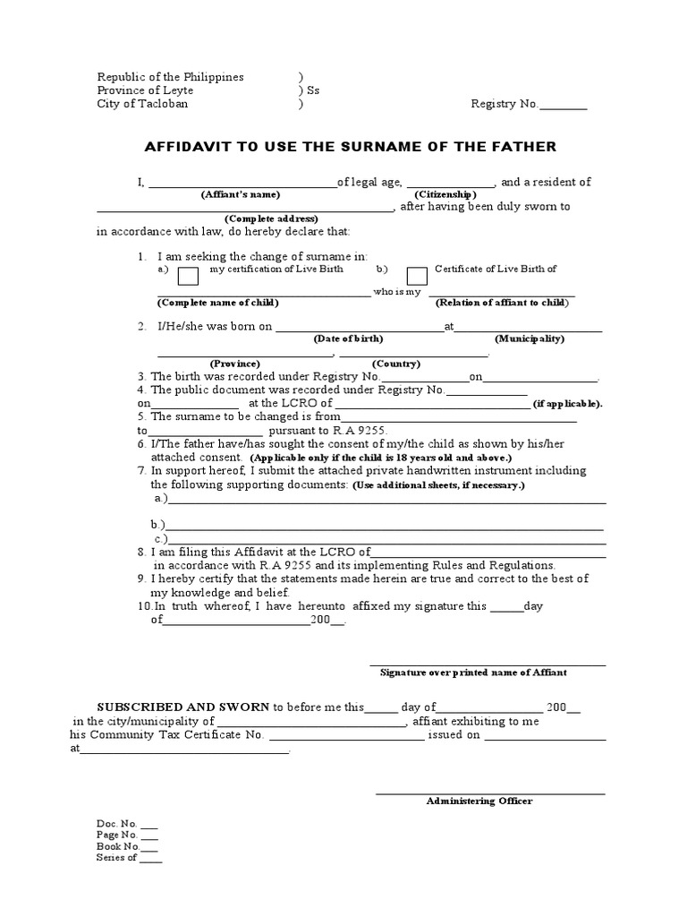 Affidavit to Use Father's Surname | PDF | Affidavit | Civil Law (Common ...