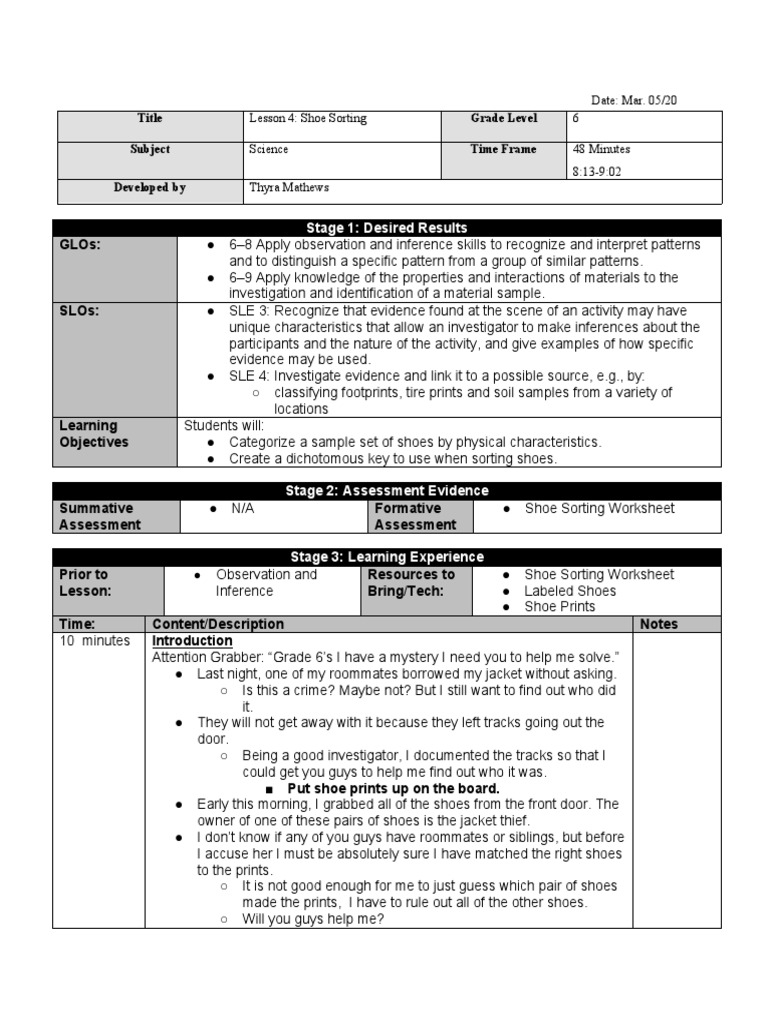 Lesson 4 Shoe Sorting | PDF | Shoe | Learning
