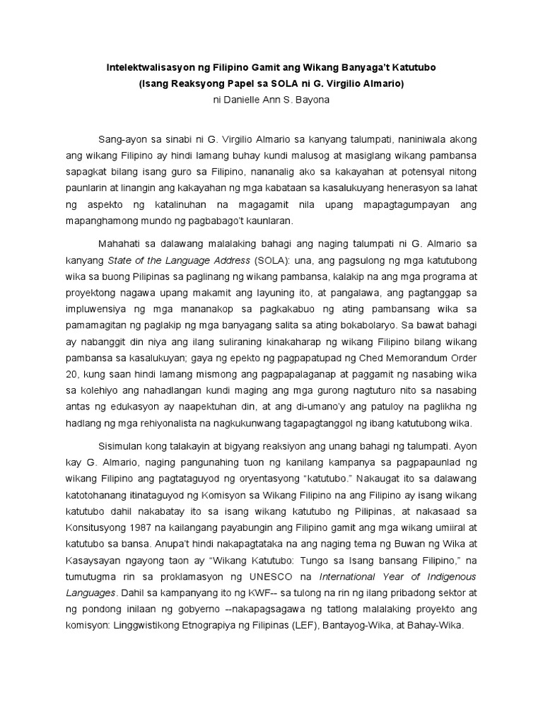 Intelektwalisasyon NG Filipino Gamit Ang Wikang Banyaga't Katutubo | PDF